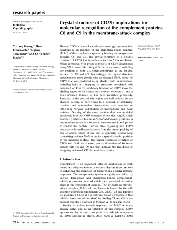 (PDF) Crystal structure of CD59: implications for molecular recognition ...