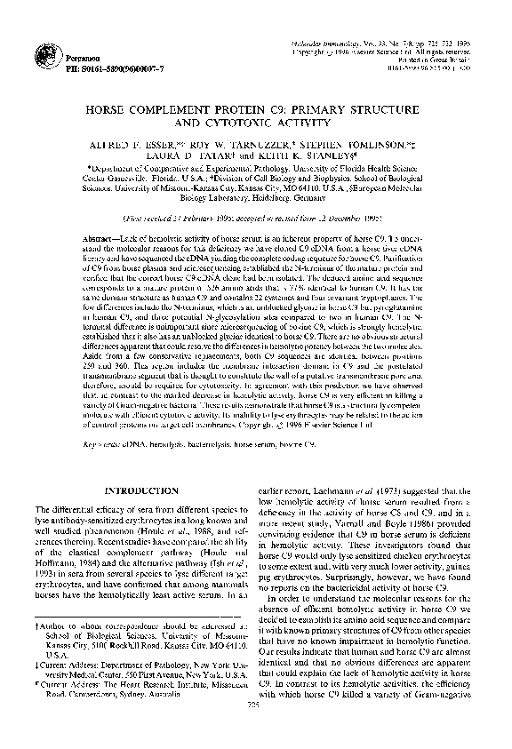 (PDF) Horse complement protein C9: Primary structure and cytotoxic activity