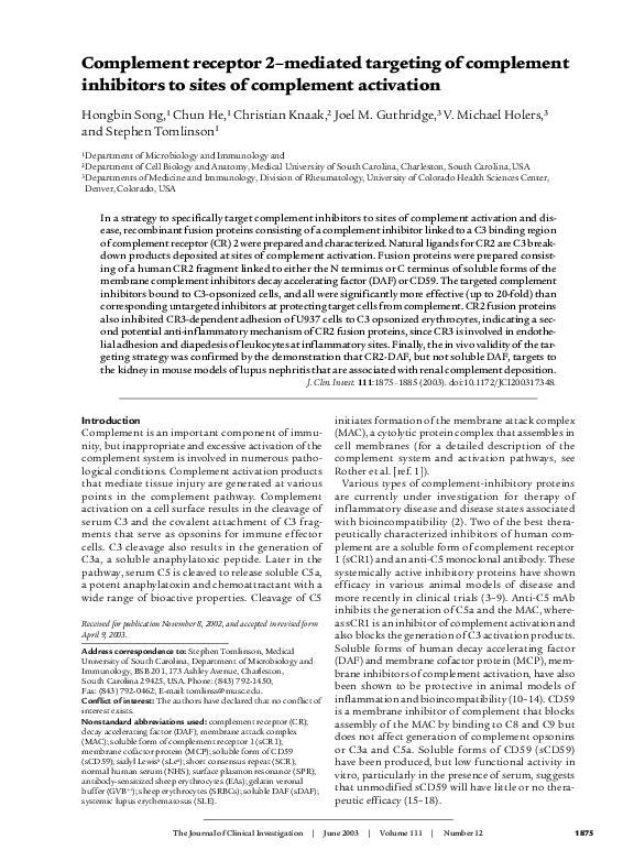 (PDF) Complement receptor 2–mediated targeting of complement inhibitors ...