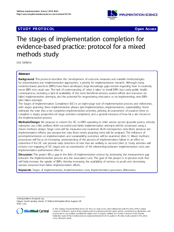 Pdf The Stages Of Implementation Completion For Evidence Based Practice Protocol For A Mixed