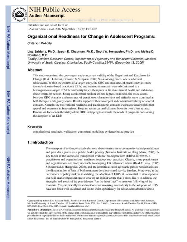 (PDF) The Organizational Readiness for Change scale in adolescent ...