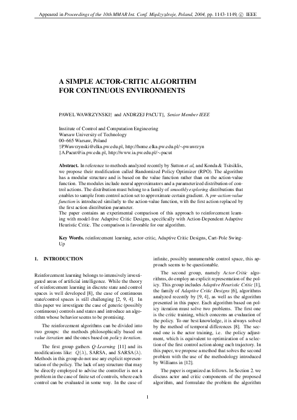 (PDF) A simple actor-critic algorithm for continuous environments