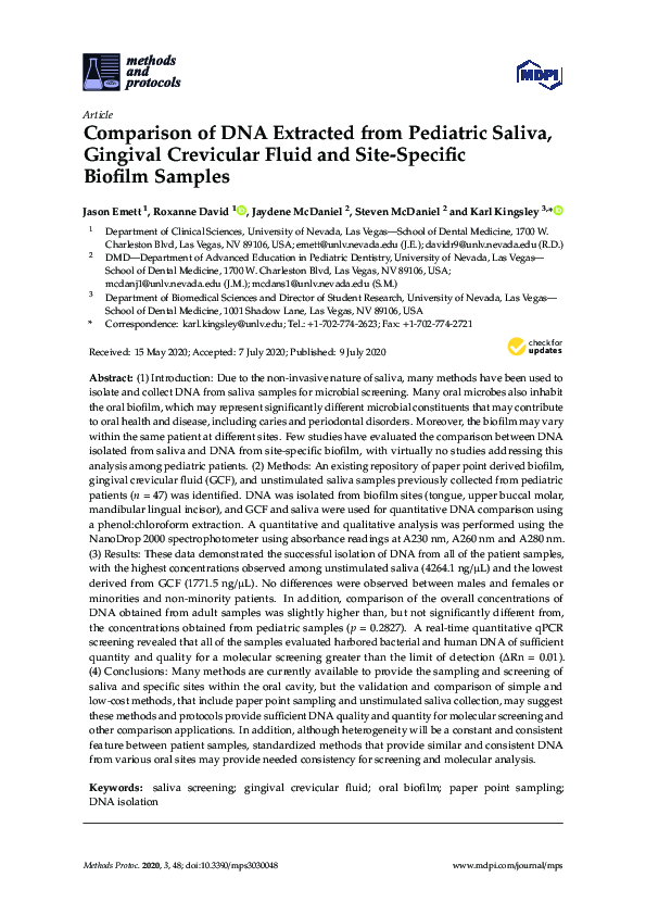 (PDF) Comparison of DNA Extracted from Pediatric Saliva, Gingival ...