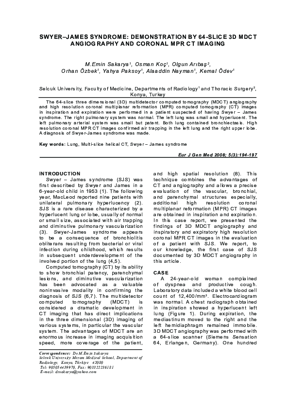 (PDF) Swyer James Syndrome: Demonstration By 64-Slice 3d MDCT ...