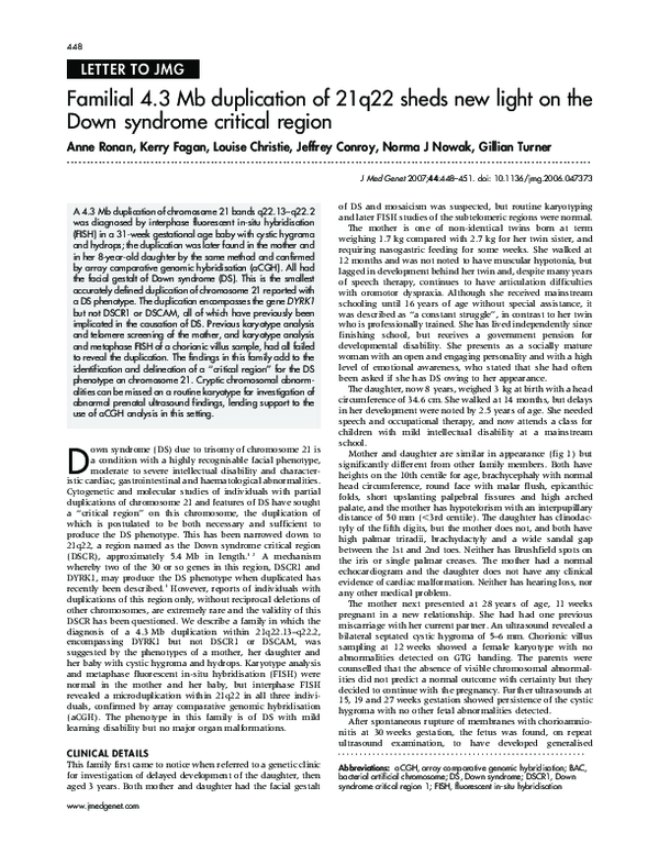 (PDF) Familial 4.3 Mb duplication of 21q22 sheds new light on the Down ...