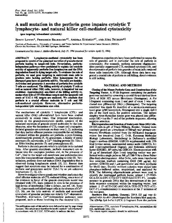 (PDF) A null mutation in the perforin gene impairs cytolytic T ...