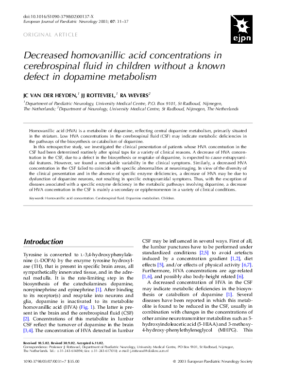 (PDF) Decreased homovanillic acid concentrations in cerebrospinal fluid ...