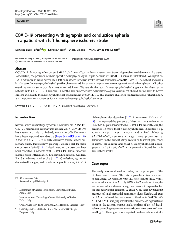 (PDF) COVID-19 presenting with agraphia and conduction aphasia in a patient with left-hemisphere ...