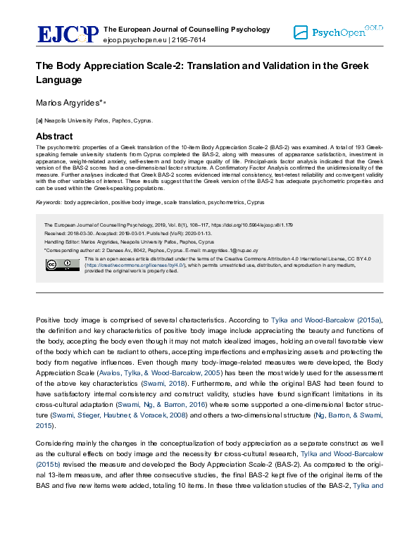 (PDF) The body appreciation scale-2: Translation and validation in the ...