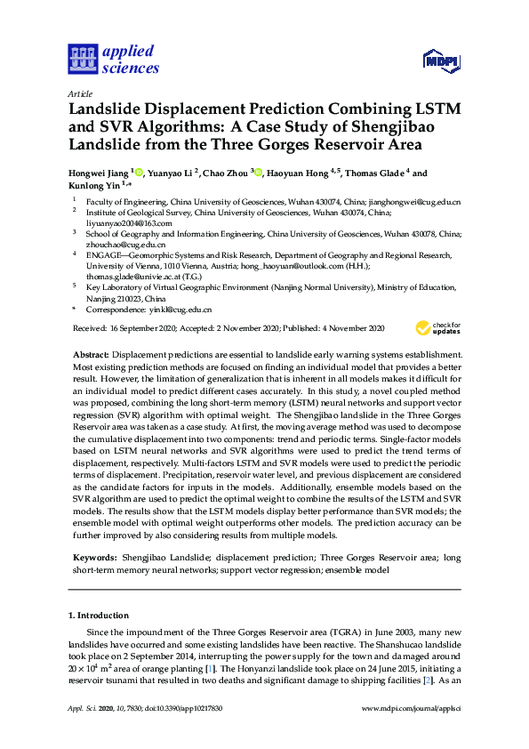Pdf Landslide Displacement Prediction Combining Lstm And Svr