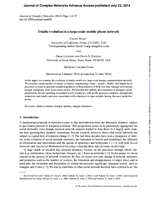 (PDF) Triadic evolution in a large-scale mobile phone network