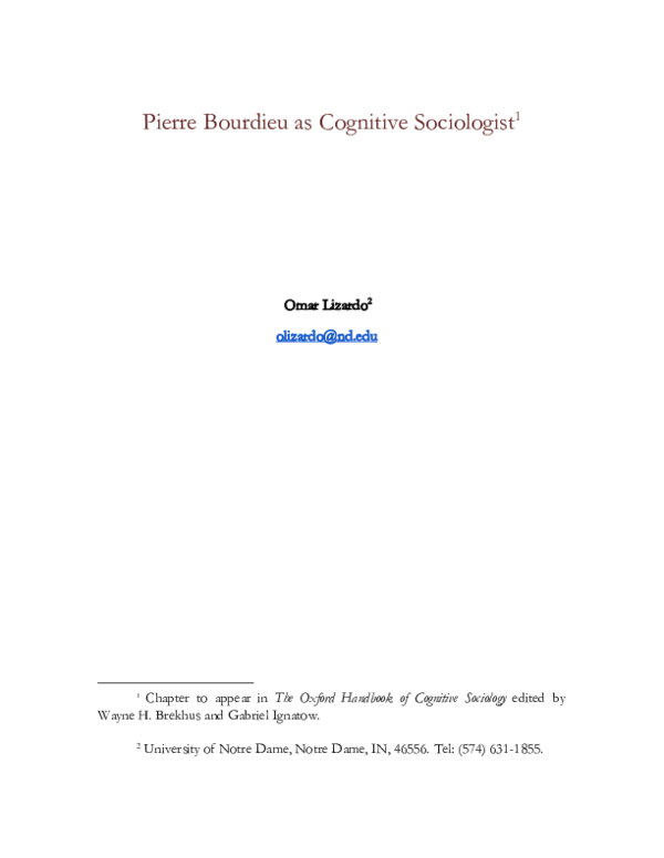 (PDF) Pierre Bourdieu as Cognitive Sociologist