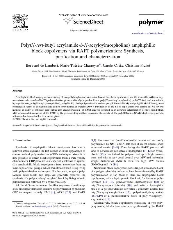 (PDF) Poly(N-tert-butyl acrylamide-b-N-acryloylmorpholine) amphiphilic ...