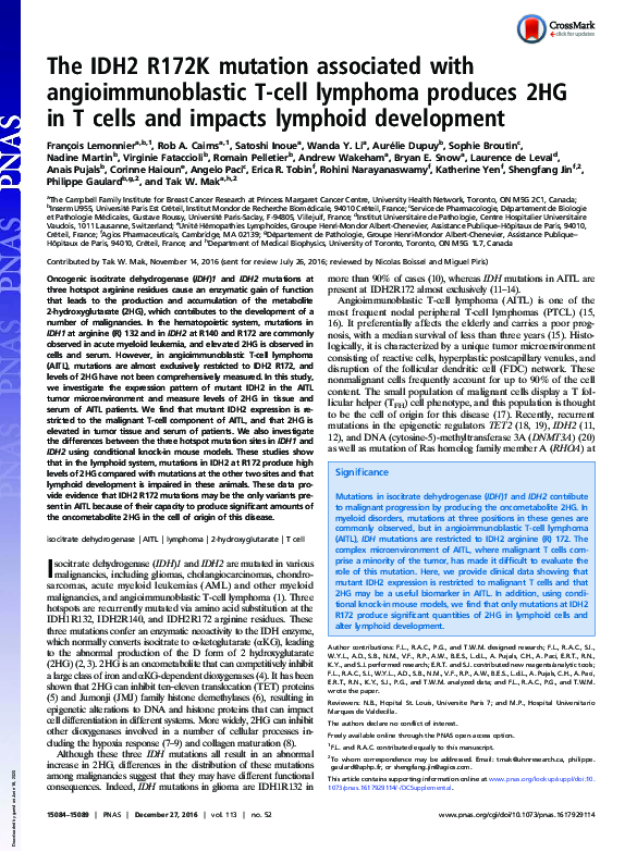 (PDF) The IDH2 R172K mutation associated with angioimmunoblastic T-cell ...