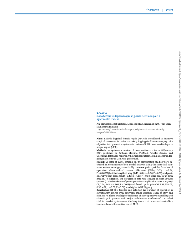 (PDF) TP7.2.12 Robotic versus laparoscopic inguinal hernia repair: a systematic review