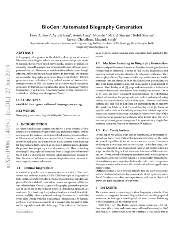 (PDF) BioGen: Automated Biography Generation