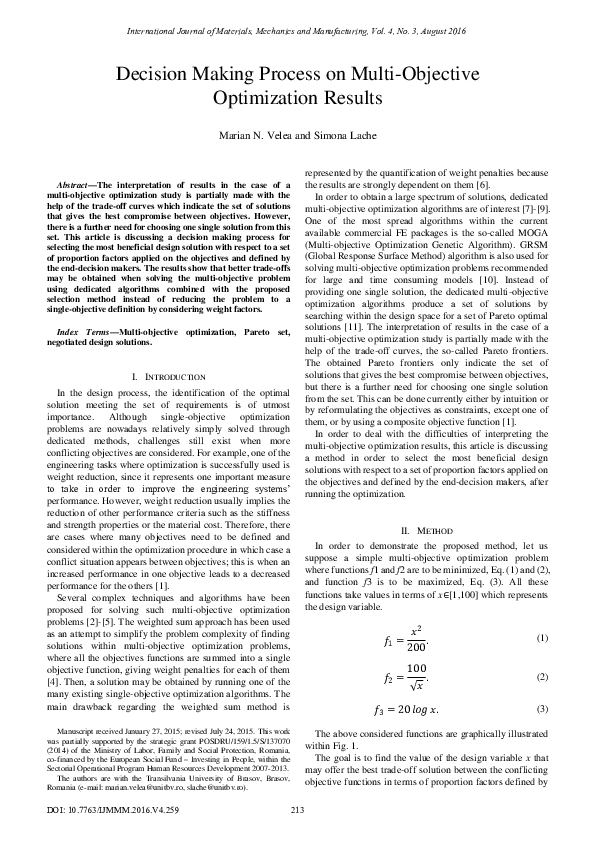 Pdf Decision Making Process On Multi Objective Optimization Results