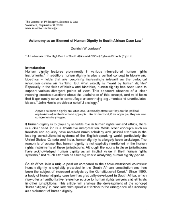(PDF) Autonomy as an Element of Human Dignity in South African Case Law