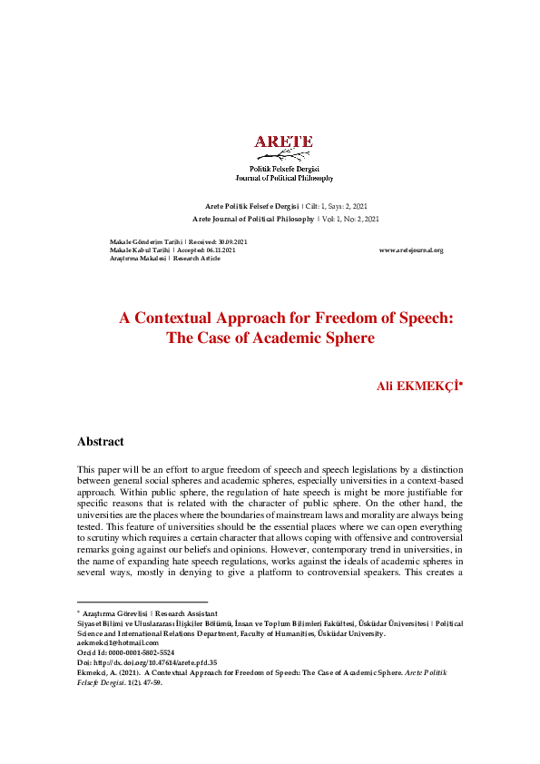 (PDF) A Contextual Approach for Freedom of Speech: The Case of Academic ...
