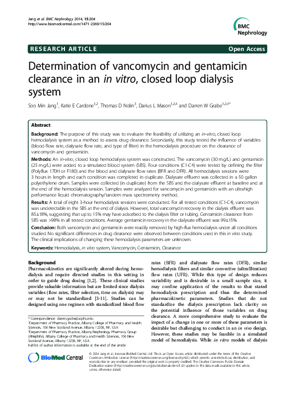 Pdf Determination Of Vancomycin And Gentamicin Clearance In An In