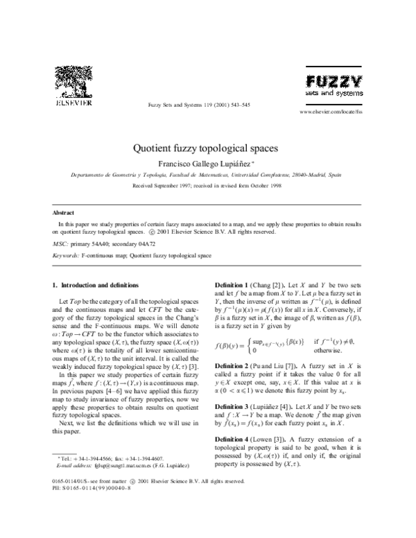 (PDF) Quotient fuzzy topological spaces