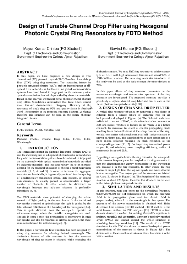 (PDF) Design of Tunable Channel Drop Filter using Hexagonal Photonic Crystal Ring Resonators by ...
