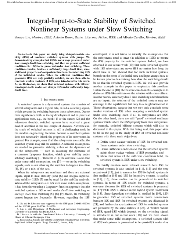 (PDF) Integral-Input-to-State Stability of Switched Nonlinear Systems under Slow Switching