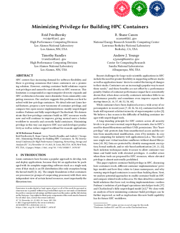 (PDF) Minimizing privilege for building HPC containers