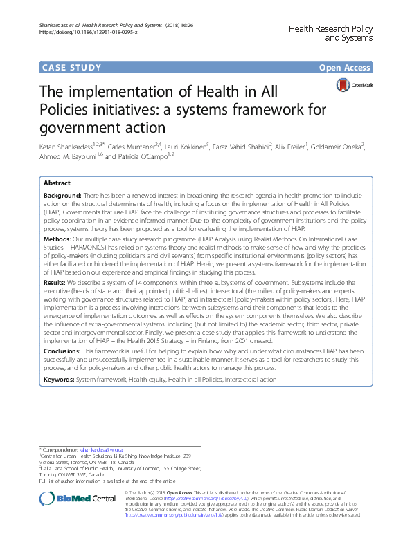 (PDF) The implementation of Health in All Policies initiatives: a ...
