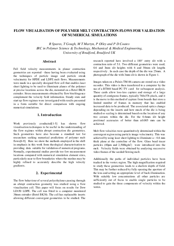 (PDF) Flow Visualisation of Polymer Melt Contraction Flows for Validation of Numerical Simulations