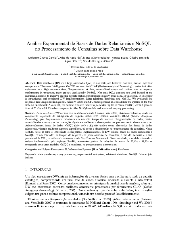 (PDF) Análise Experimental de Bases de Dados Relacionais e NoSQL no Processamento de Consultas ...