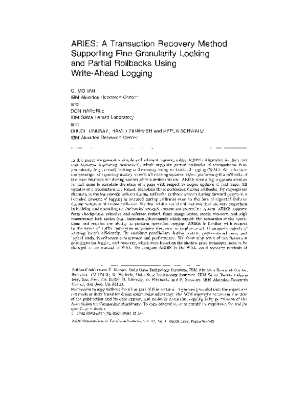 (PDF) ARIES: a transaction recovery method supporting fine-granularity locking and partial ...