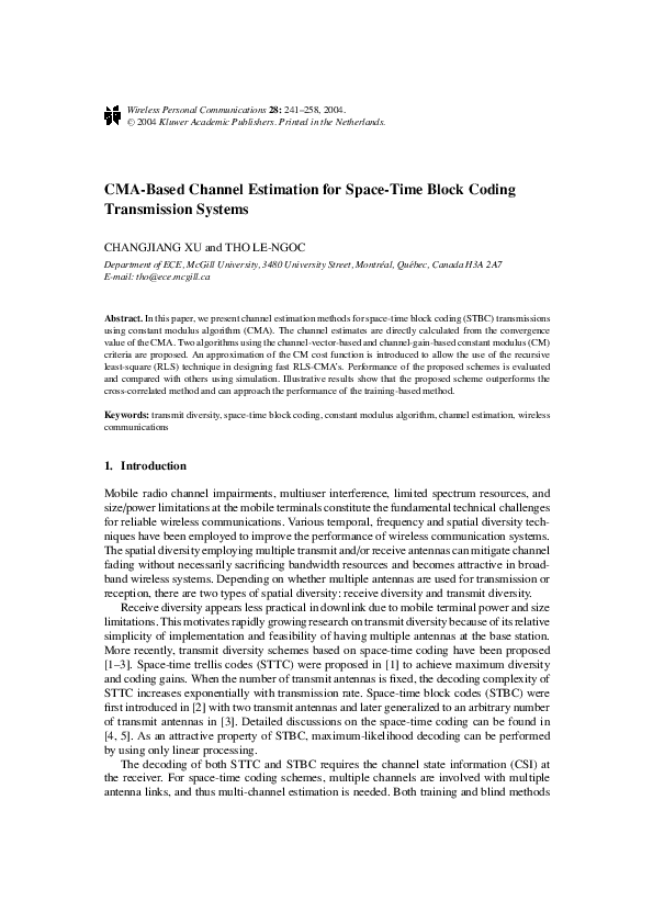 (PDF) CMA-Based Channel Estimation for Space-Time Block Coding Transmission Systems