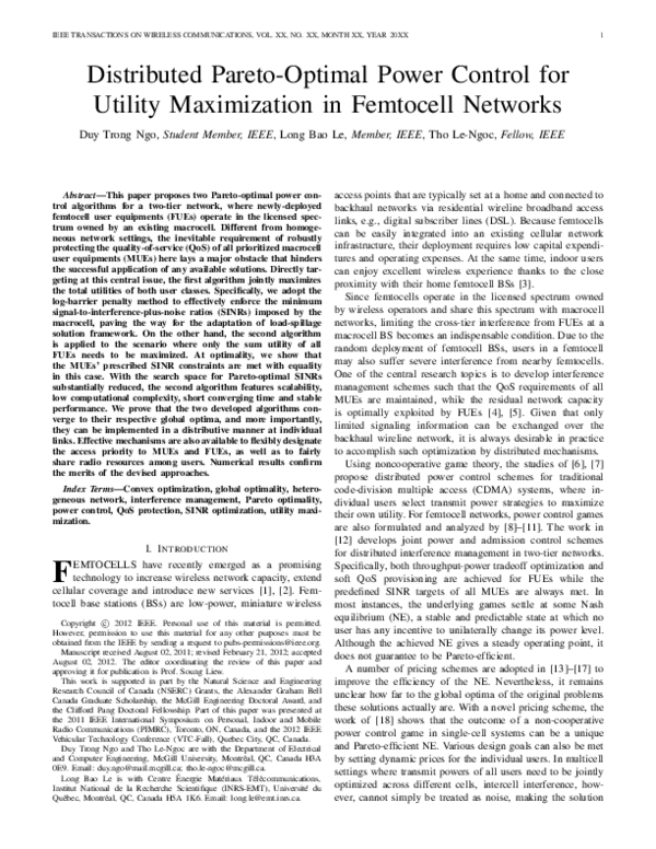 Pdf Distributed Pareto Optimal Power Control For Utility Maximization In Femtocell Networks