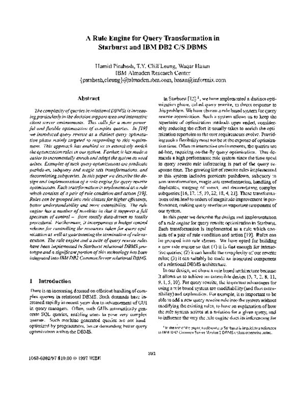 (PDF) A rule engine for query transformation in Starburst and IBM DB2 C ...