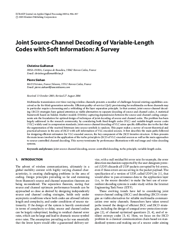 (PDF) Joint Source-Channel Decoding of Variable-Length Codes with Soft Information: A Survey