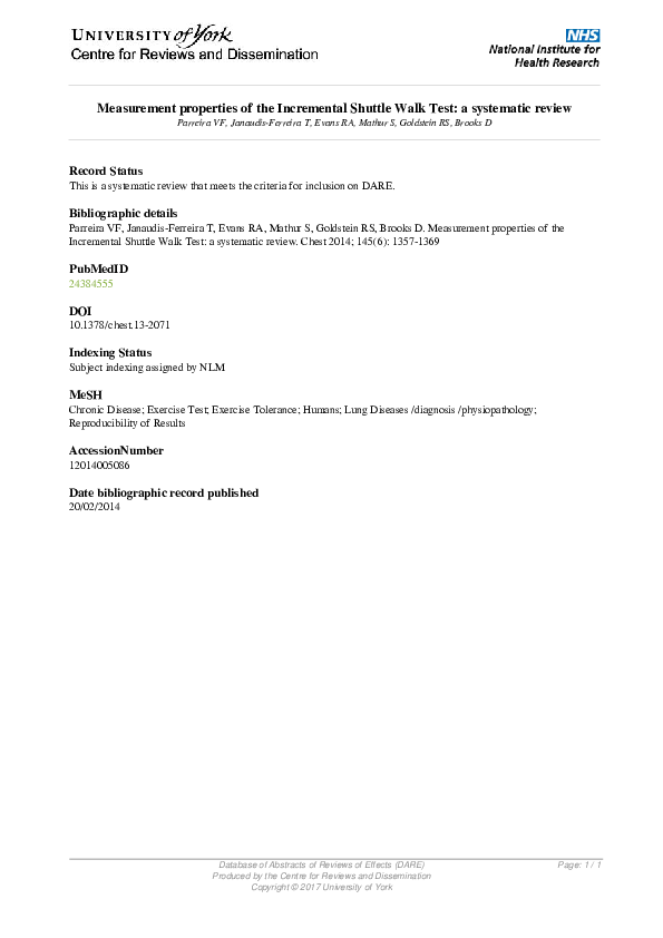 (PDF) Measurement Properties of the Incremental Shuttle Walk Test: A ...