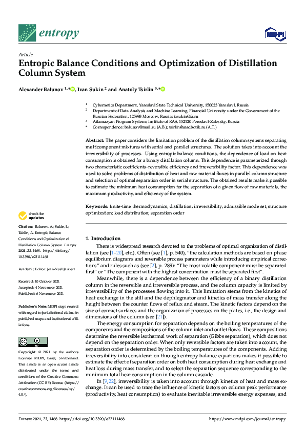 Entropic Balance Conditions and Optimization of Distillation Column System