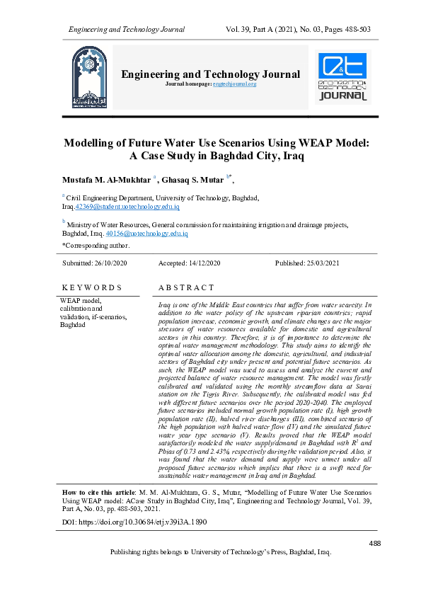 (PDF) Modelling of Future Water Use Scenarios Using WEAP Model: A Case ...