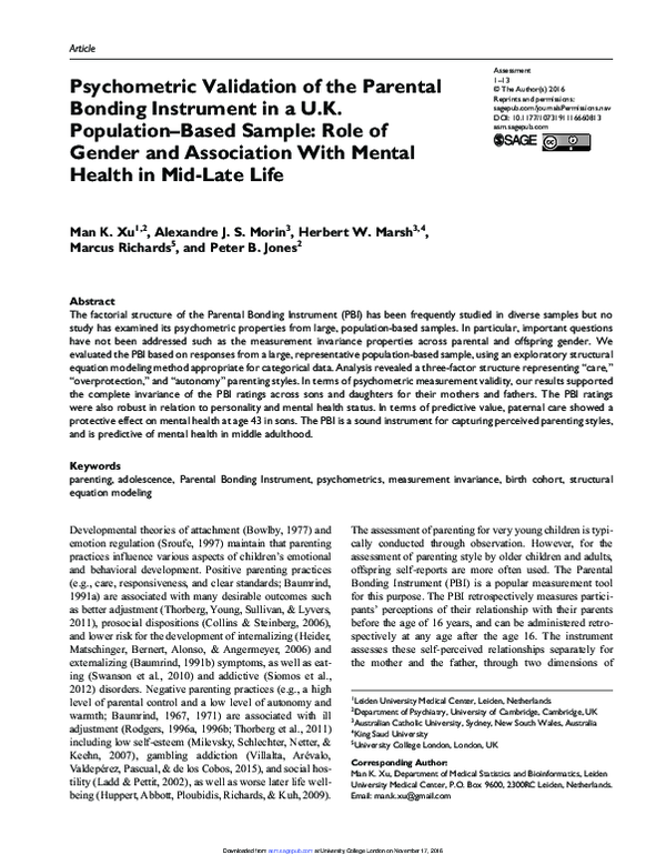 (PDF) Psychometric Validation of the Parental Bonding Instrument in a U ...