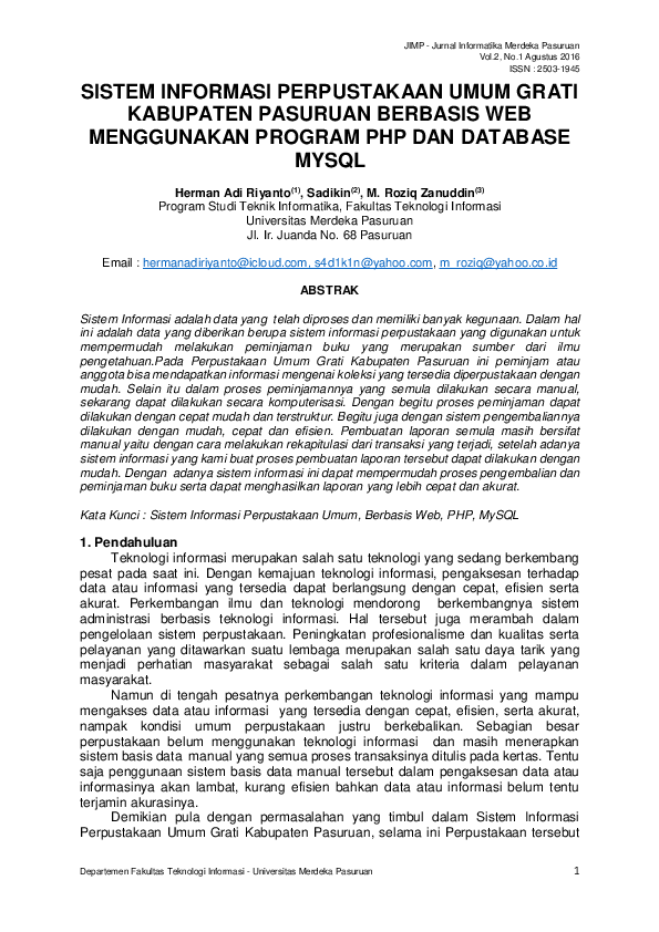 (PDF) Sistem Informasi Perpustakaan Umum Grati Kabupaten Pasuruan Berbasis Web Menggunakan ...