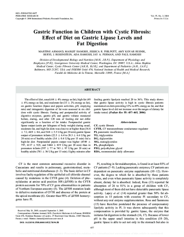 (PDF) Gastric Function in Children with Cystic Fibrosis: Effect of Diet ...