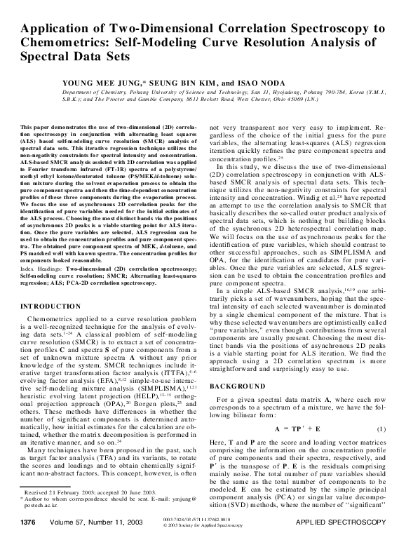 (PDF) Application of Two-Dimensional Correlation Spectroscopy to Chemometrics: Self-Modeling ...