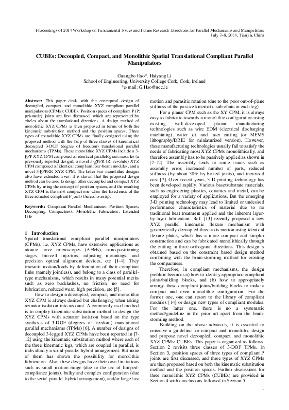 (PDF) CUBEs: Compact Parallel Manipulators Design
