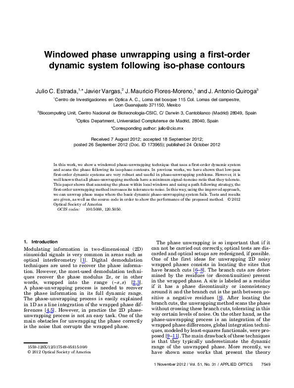 Pdf Windowed Phase Unwrapping Using A First Order Dynamic System