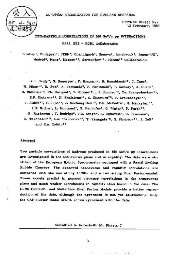 (PDF) Two-particle correlations in 360 GeV/cp p interactions