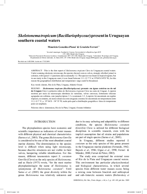 (PDF) Skeletonema tropicum (Bacillariophyceae) present in Uruguayan ...