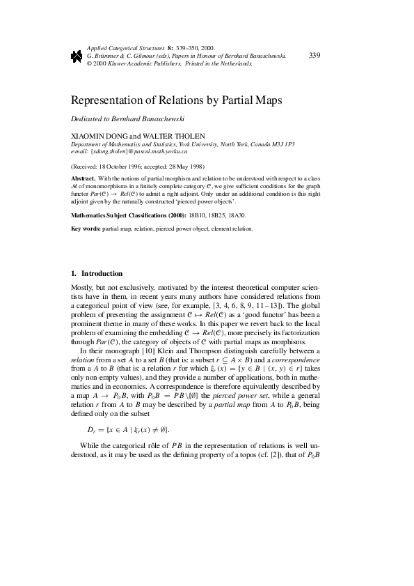 (PDF) Representation of Relations by Partial Maps