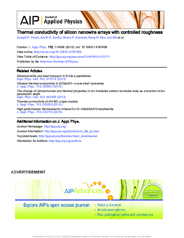 (PDF) Thermal conductivity of silicon nanowire arrays with controlled roughness