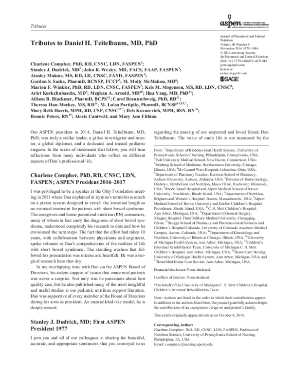 (PDF) Tributes to Daniel H. Teitelbaum, MD, PhD